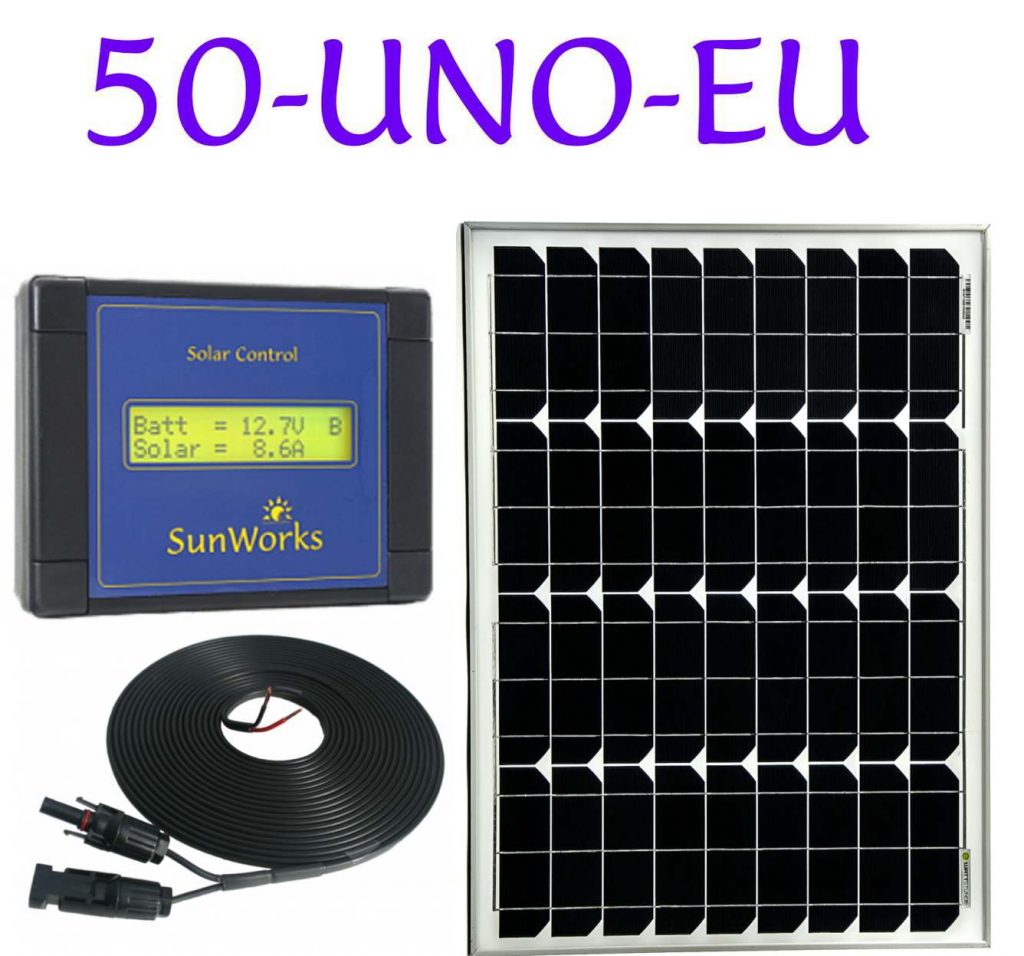 Solar panel kit for motorhomes. 50W, SunWorks SB1C LCD controller.
