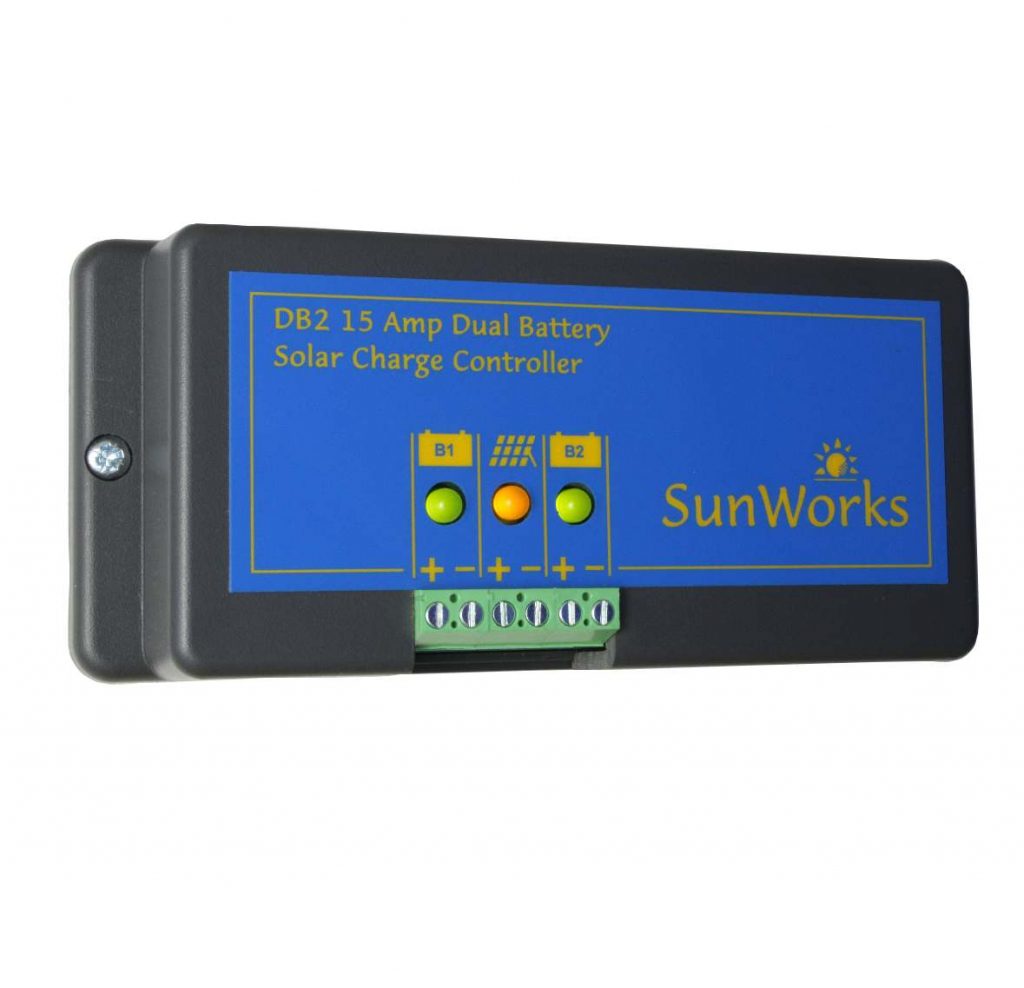 Dual battery charge controller for solar panels. SunWorks. DB2E. 15 amps